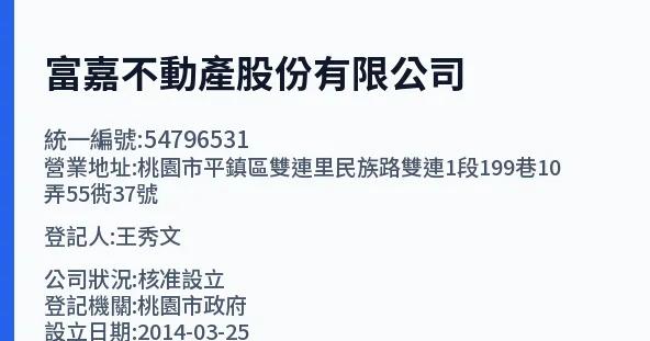 富嘉不動產股份有限公司的照片-統編 54796531(桃園市) 公司登記資料與營業項目詳細圖表