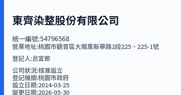 東齊染整股份有限公司的照片-統編 54796568(桃園市) 公司登記資料與營業項目詳細圖表