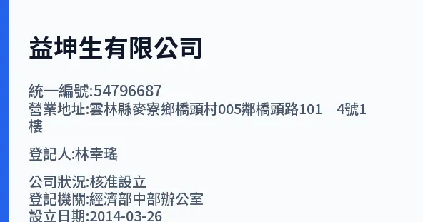 益坤生有限公司的照片-統編 54796687(雲林縣) 公司登記資料與營業項目詳細圖表