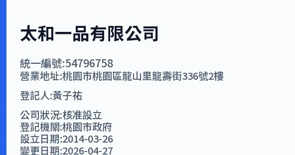 太和一品有限公司的照片-統編 54796758(桃園市) 公司登記資料與營業項目詳細圖表