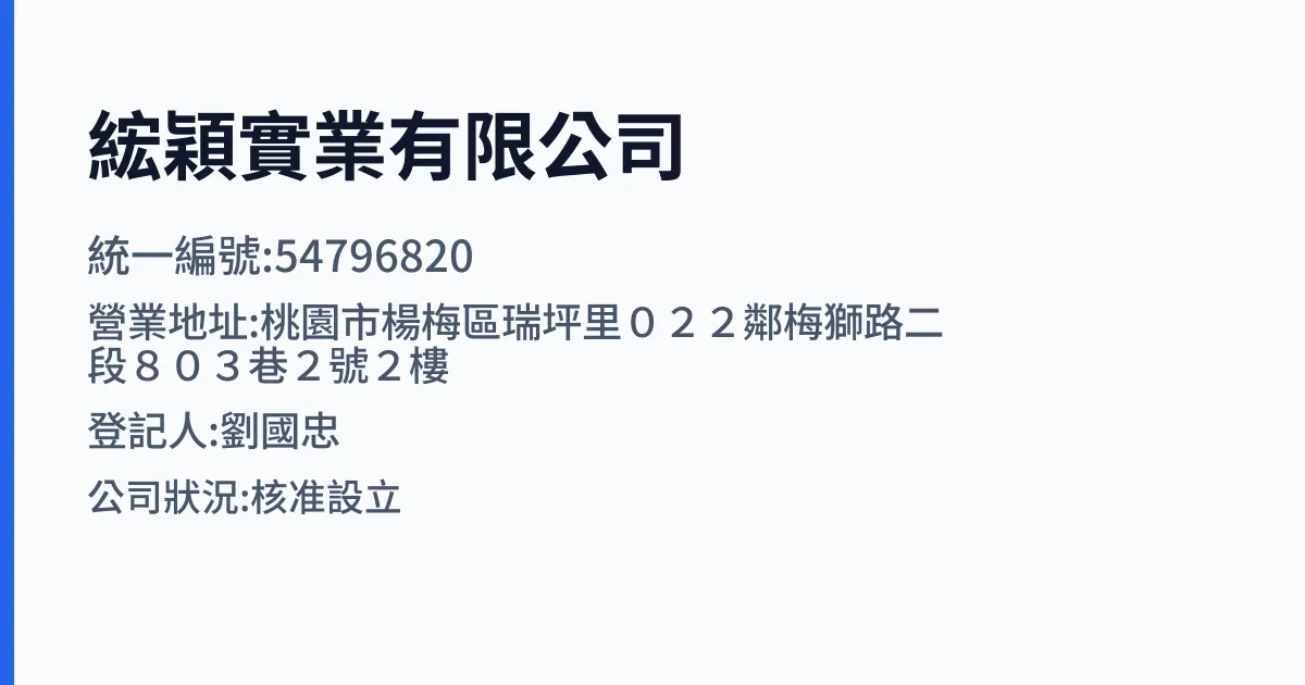 綋穎實業有限公司 - 統編 54796820(桃園市) 公司登記資料與營業項目詳細圖表