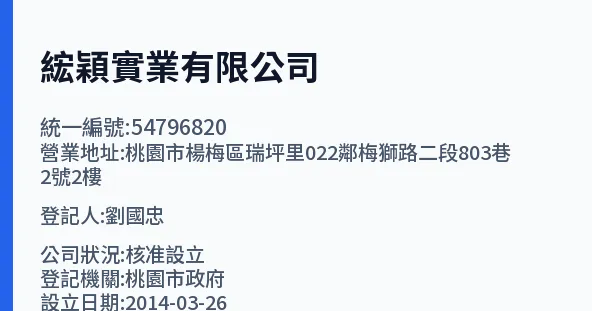 綋穎實業有限公司的照片-統編 54796820(桃園市) 公司登記資料與營業項目詳細圖表