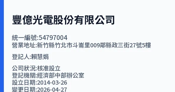 豐億光電股份有限公司的照片-統編 54797004(新竹縣) 公司登記資料與營業項目詳細圖表