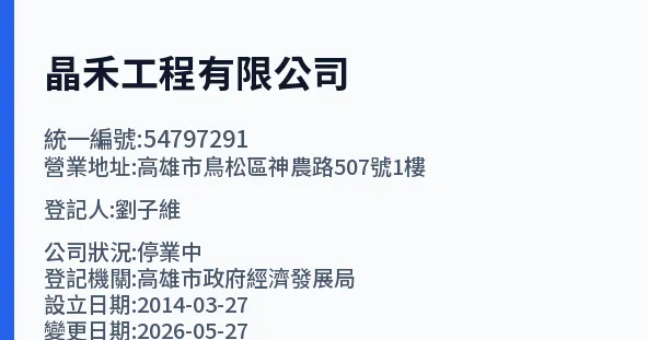 晶禾工程有限公司的照片-統編 54797291(高雄市) 公司登記資料與營業項目詳細圖表