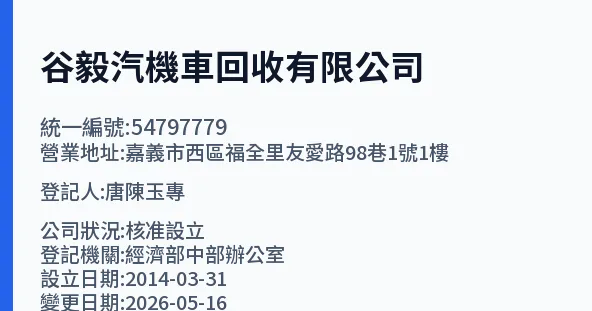 谷毅汽機車回收有限公司的照片-統編 54797779(嘉義市) 公司登記資料與營業項目詳細圖表