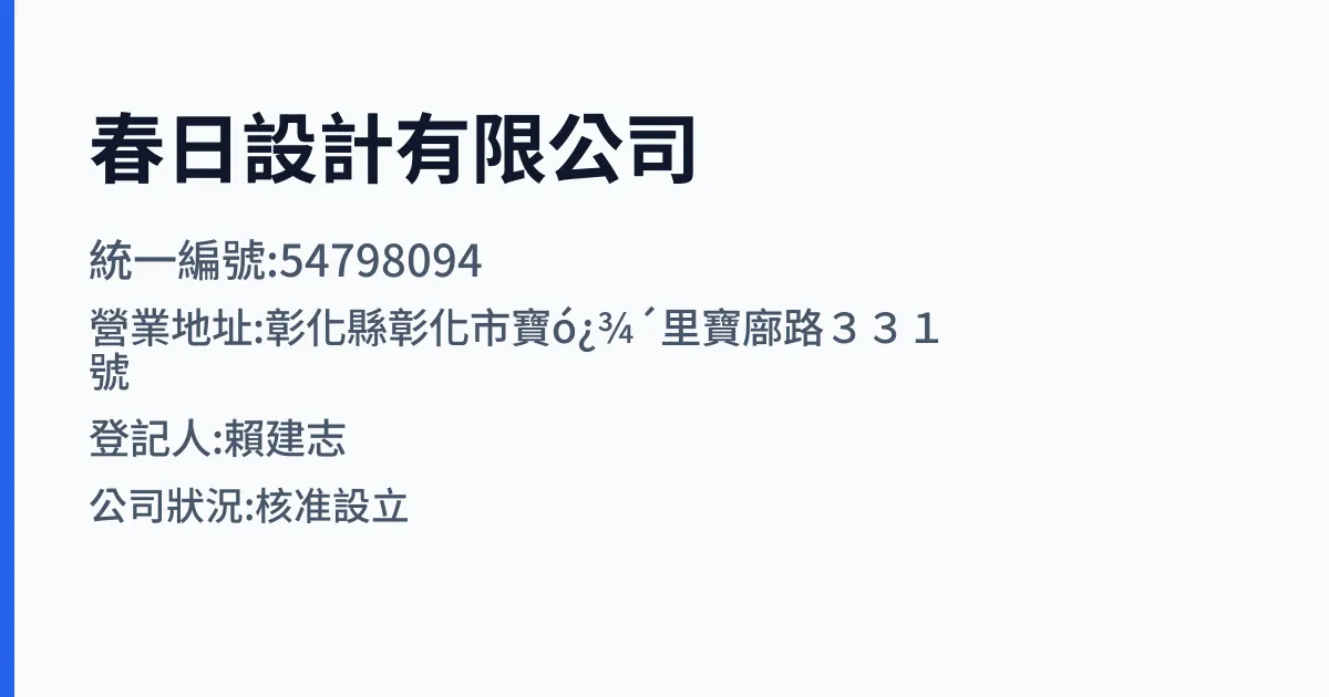 春日設計有限公司 - 統編 54798094(彰化縣) 公司登記資料與營業項目詳細圖表