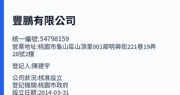 豐鵬有限公司的照片-統編 54798159(桃園市) 公司登記資料與營業項目詳細圖表