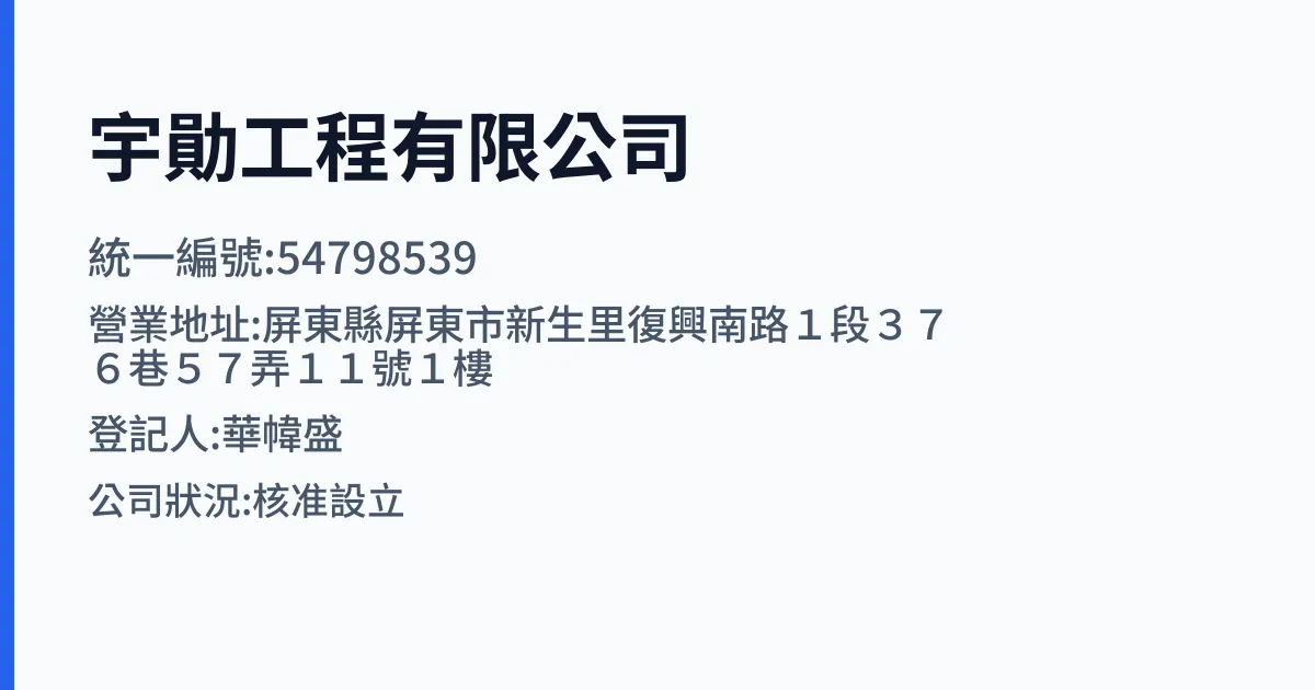 宇勛工程有限公司 - 統編 54798539(屏東縣) 公司登記資料與營業項目詳細圖表