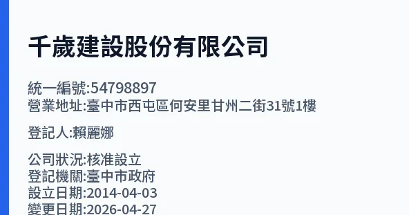 千歲建設股份有限公司的照片-統編 54798897(臺中市) 公司登記資料與營業項目詳細圖表