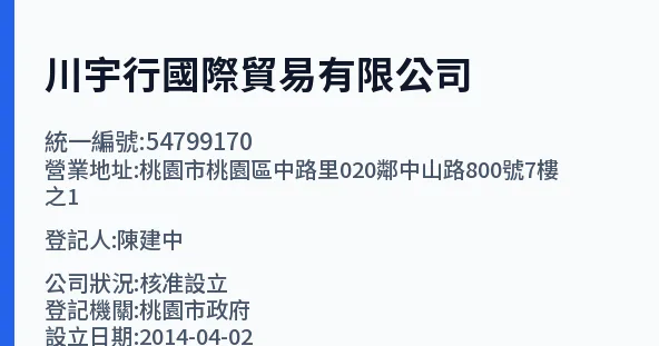 川宇行國際貿易有限公司的照片-統編 54799170(桃園市) 公司登記資料與營業項目詳細圖表