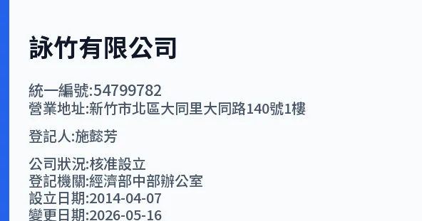 詠竹有限公司的照片-統編 54799782(新竹市) 公司登記資料與營業項目詳細圖表