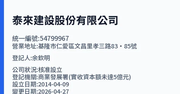 泰來建設股份有限公司的照片-統編 54799967(基隆市) 公司登記資料與營業項目詳細圖表