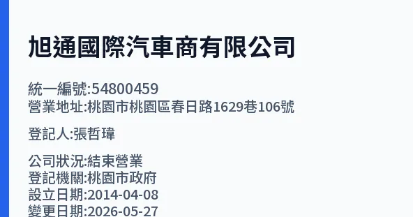 旭通國際汽車商有限公司的照片-統編 54800459(桃園市) 公司登記資料與營業項目詳細圖表
