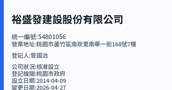 裕盛發建設股份有限公司的照片-統編 54801056(桃園市) 公司登記資料與營業項目詳細圖表