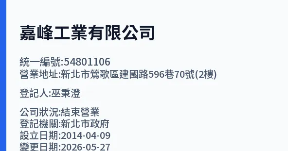嘉峰工業有限公司的照片-統編 54801106(新北市) 公司登記資料與營業項目詳細圖表