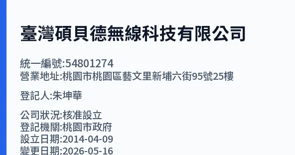臺灣碩貝德無線科技有限公司的照片-統編 54801274(桃園市) 公司登記資料與營業項目詳細圖表