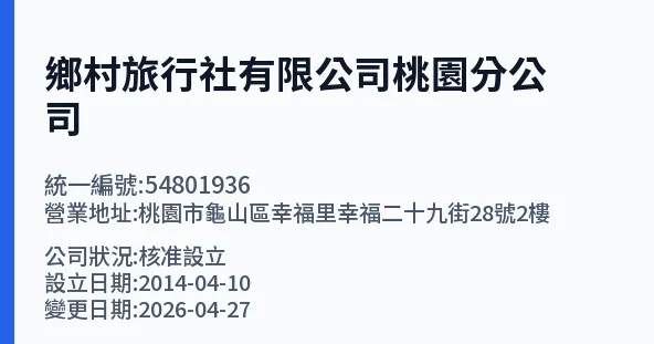 鄉村旅行社有限公司桃園分公司的照片-統編 54801936(桃園市) 公司登記資料與營業項目詳細圖表