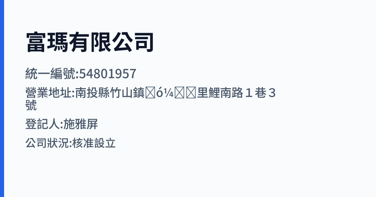 富瑪有限公司 - 統編 54801957(南投縣) 公司登記資料與營業項目詳細圖表