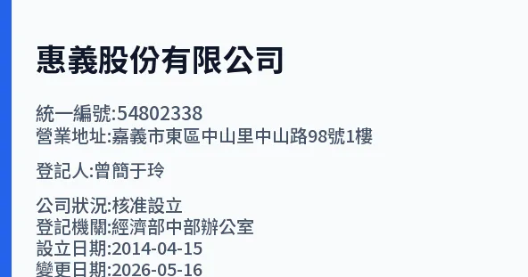 惠義股份有限公司的照片-統編 54802338(嘉義市) 公司登記資料與營業項目詳細圖表