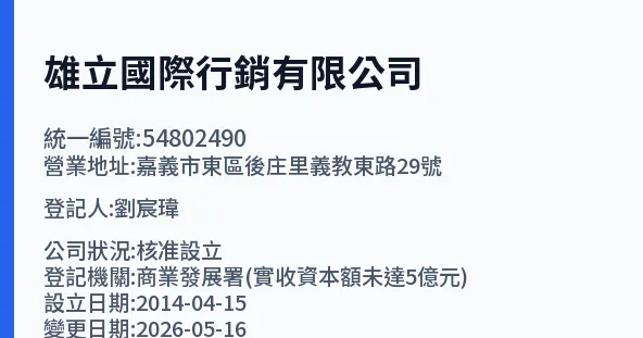 雄立國際行銷有限公司的照片-統編 54802490(嘉義市) 公司登記資料與營業項目詳細圖表