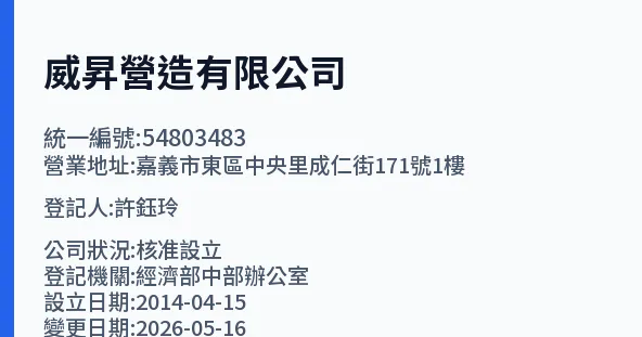 威昇營造有限公司的照片-統編 54803483(嘉義市) 公司登記資料與營業項目詳細圖表