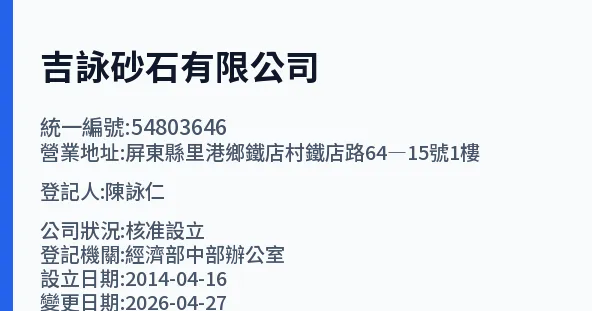 吉詠砂石有限公司的照片-統編 54803646(屏東縣) 公司登記資料與營業項目詳細圖表