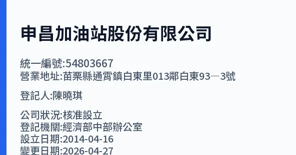 申昌加油站股份有限公司的照片-統編 54803667(苗栗縣) 公司登記資料與營業項目詳細圖表
