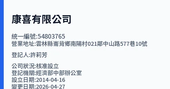 康喜有限公司的照片-統編 54803765(雲林縣) 公司登記資料與營業項目詳細圖表