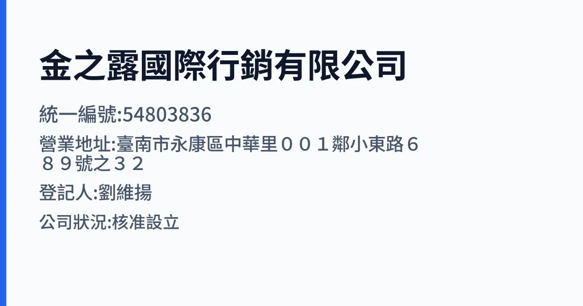 金之露國際行銷有限公司 - 統編 54803836(臺南市) 公司登記資料與營業項目詳細圖表
