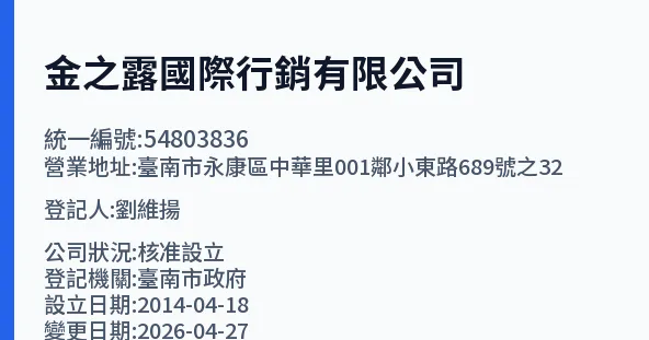 金之露國際行銷有限公司的照片-統編 54803836(臺南市) 公司登記資料與營業項目詳細圖表