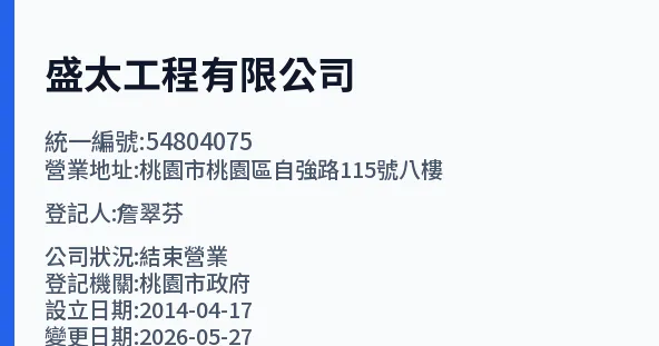 盛太工程有限公司的照片-統編 54804075(桃園市) 公司登記資料與營業項目詳細圖表