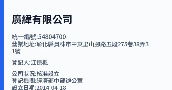廣緯有限公司的照片-統編 54804700(彰化縣) 公司登記資料與營業項目詳細圖表