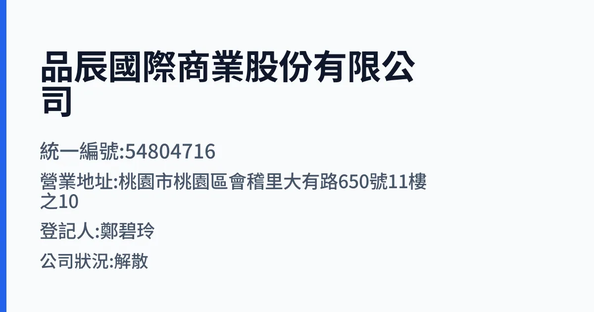 品辰國際商業股份有限公司 - 統編 54804716(桃園市) 公司登記資料與營業項目詳細圖表