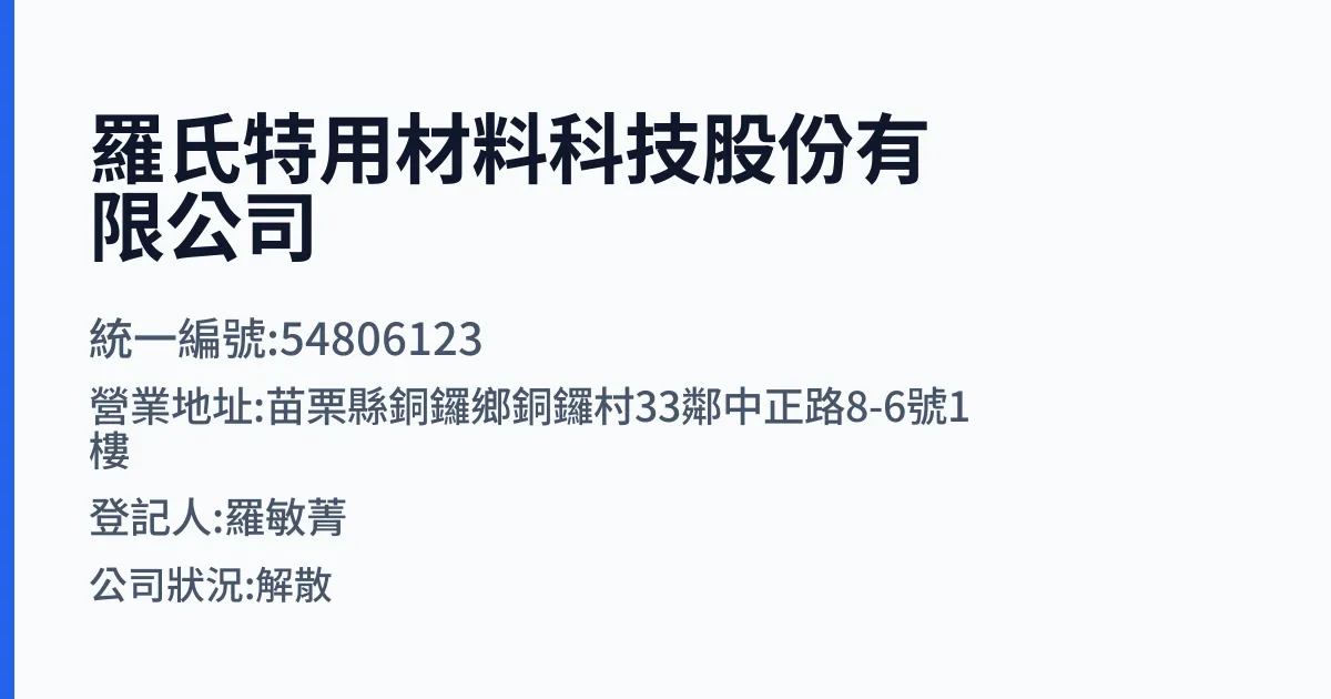 羅氏特用材料科技股份有限公司 - 統編 54806123(苗栗縣) 公司登記資料與營業項目詳細圖表