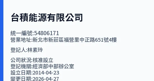 台積能源有限公司的照片-統編 54806171(新北市) 公司登記資料與營業項目詳細圖表