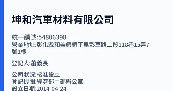 坤和汽車材料有限公司的照片-統編 54806398(彰化縣) 公司登記資料與營業項目詳細圖表