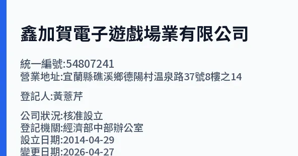 鑫加賀電子遊戲場業有限公司的照片-統編 54807241(宜蘭縣) 公司登記資料與營業項目詳細圖表