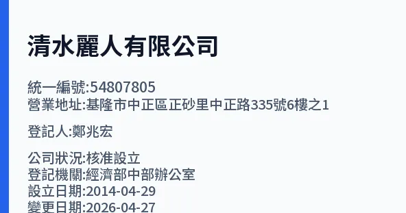 清水麗人有限公司的照片-統編 54807805(基隆市) 公司登記資料與營業項目詳細圖表