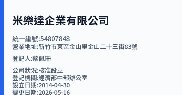 米樂達企業有限公司的照片-統編 54807848(新竹市) 公司登記資料與營業項目詳細圖表