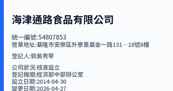 海津通路食品有限公司的照片-統編 54807853(基隆市) 公司登記資料與營業項目詳細圖表