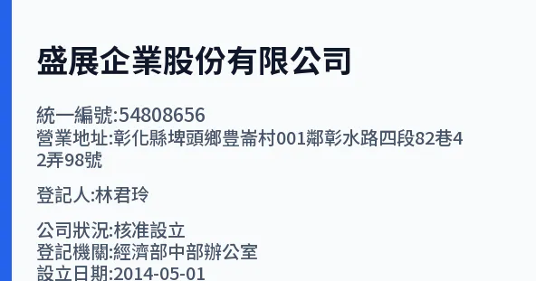 盛展企業股份有限公司的照片-統編 54808656(彰化縣) 公司登記資料與營業項目詳細圖表
