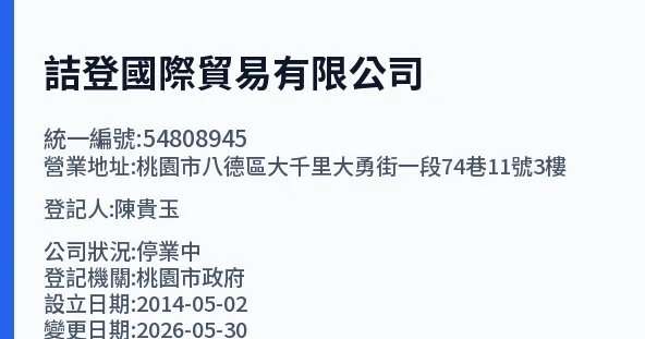 詰登國際貿易有限公司的照片-統編 54808945(桃園市) 公司登記資料與營業項目詳細圖表