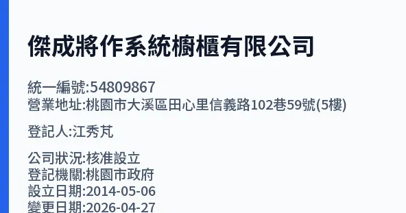 傑成將作系統櫥櫃有限公司的照片-統編 54809867(桃園市) 公司登記資料與營業項目詳細圖表