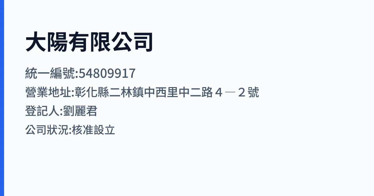 大陽有限公司 - 統編 54809917(彰化縣) 公司登記資料與營業項目詳細圖表