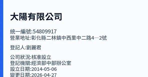 大陽有限公司的照片-統編 54809917(彰化縣) 公司登記資料與營業項目詳細圖表