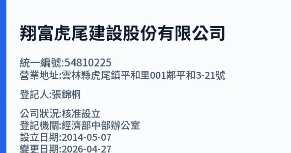 翔富虎尾建設股份有限公司的照片-統編 54810225(雲林縣) 公司登記資料與營業項目詳細圖表
