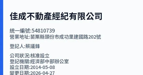 佳成不動產經紀有限公司的照片-統編 54810739(苗栗縣) 公司登記資料與營業項目詳細圖表