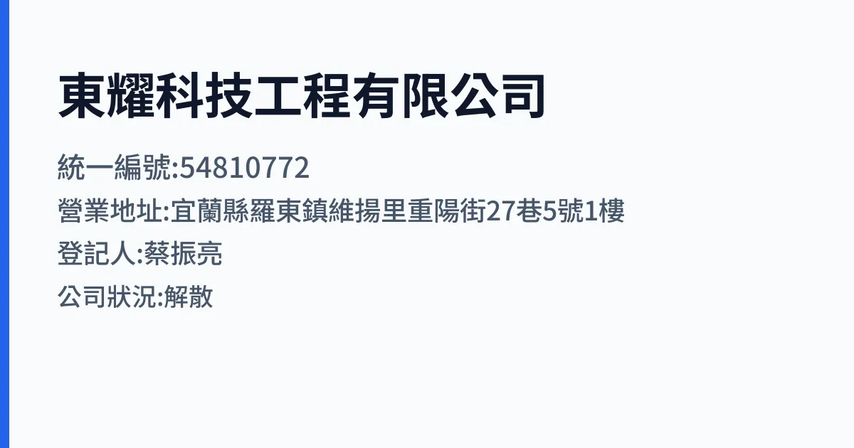 東耀科技工程有限公司 - 統編 54810772(宜蘭縣) 公司登記資料與營業項目詳細圖表