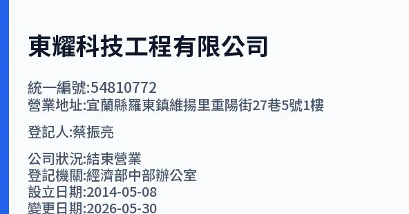 東耀科技工程有限公司的照片-統編 54810772(宜蘭縣) 公司登記資料與營業項目詳細圖表