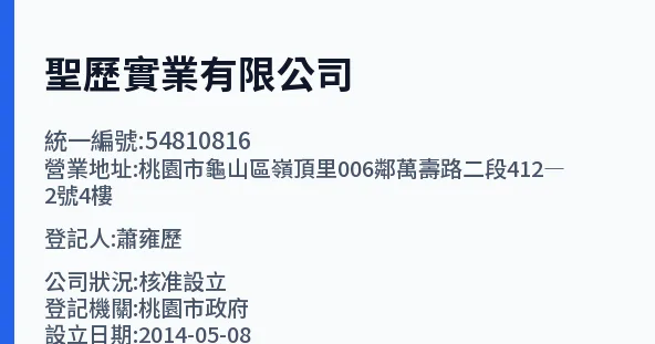 聖歷實業有限公司的照片-統編 54810816(桃園市) 公司登記資料與營業項目詳細圖表